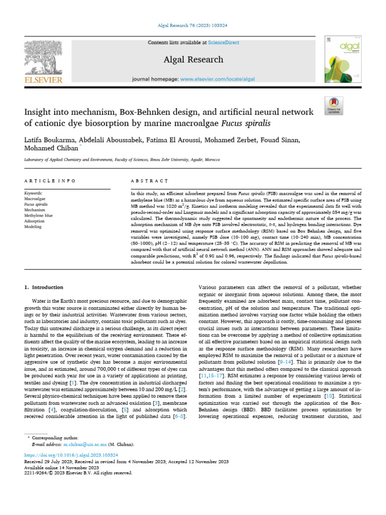 2023-Boukarma et al. Algal Res.-1 | PDF | Water Pollution | Adsorption