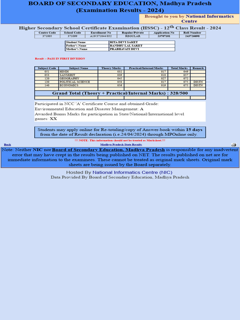 Board of Secondary Education, Madhya Pradesh Ex | PDF | Secondary Education | Educational Stages