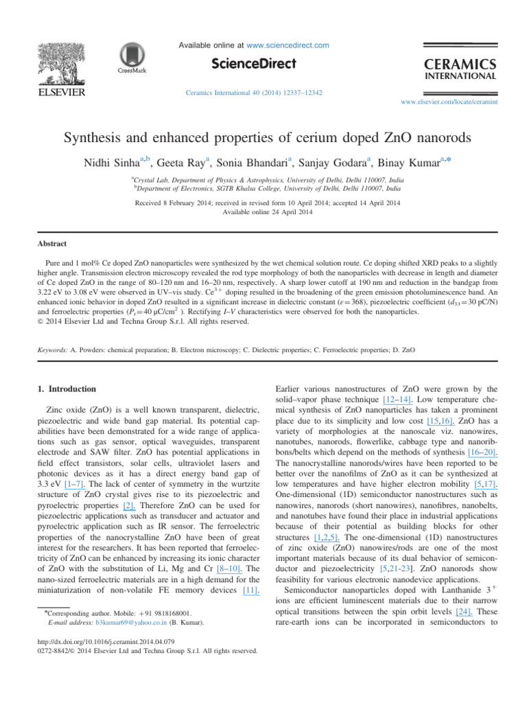 Ce-Doped ZnO Nanorods: Synthesis & Properties | PDF | Zinc Oxide ...