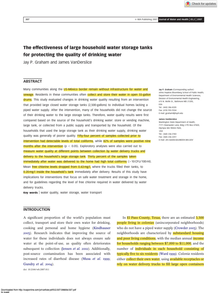 The effectiveness of large household water storage tanks for protecting the quality of drinking ...