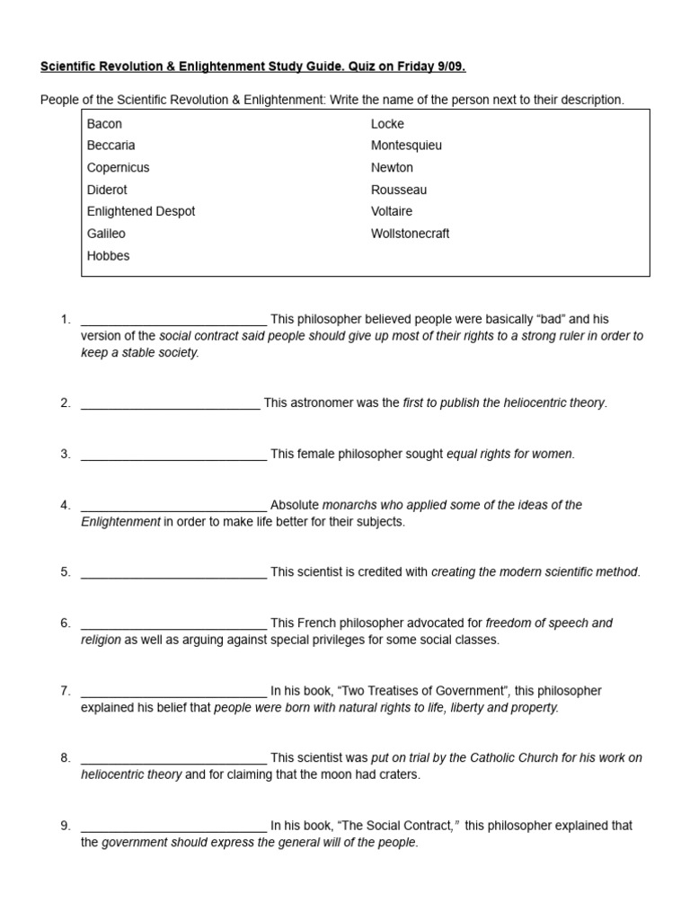Study Guide Scientific Revolution Enlightenment Quiz - Google Docs ...