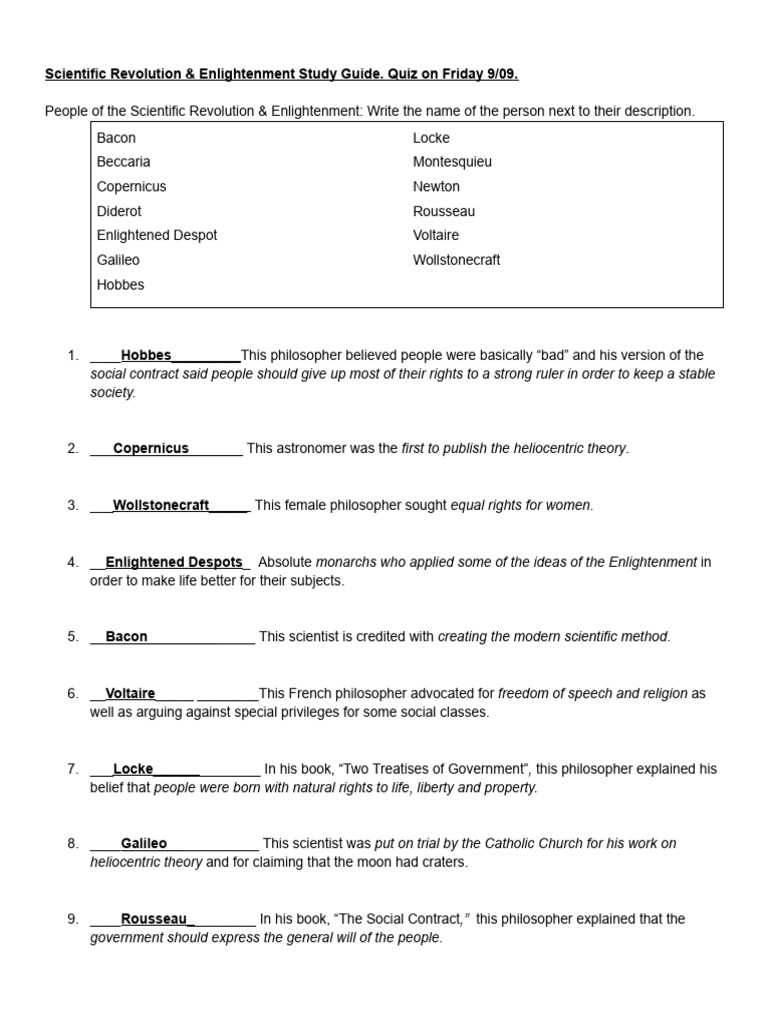 Answer Key For Study Guide Scientific Revolution Enlightenment Quiz ...