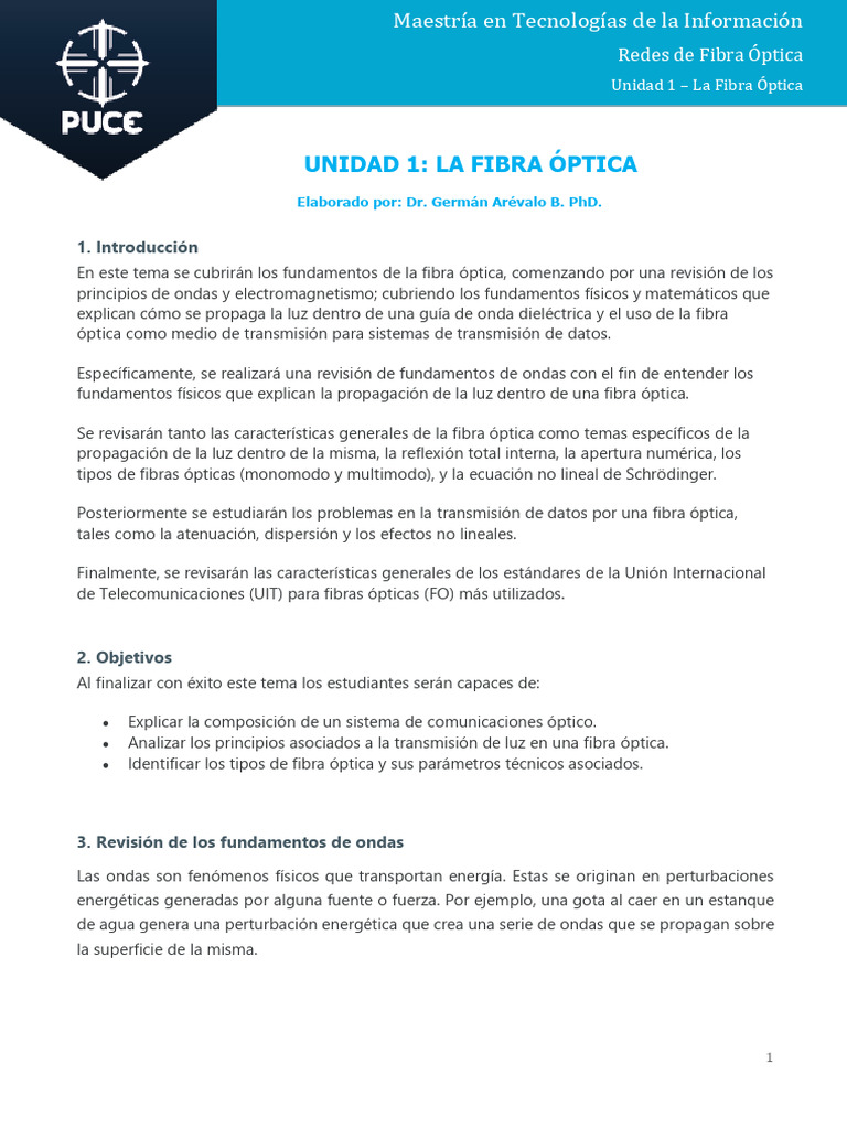 Redes de Fibra Optica Unidad1 RedesDeFibraOptica M1 1.1-Combinación | PDF | Olas | Óptica