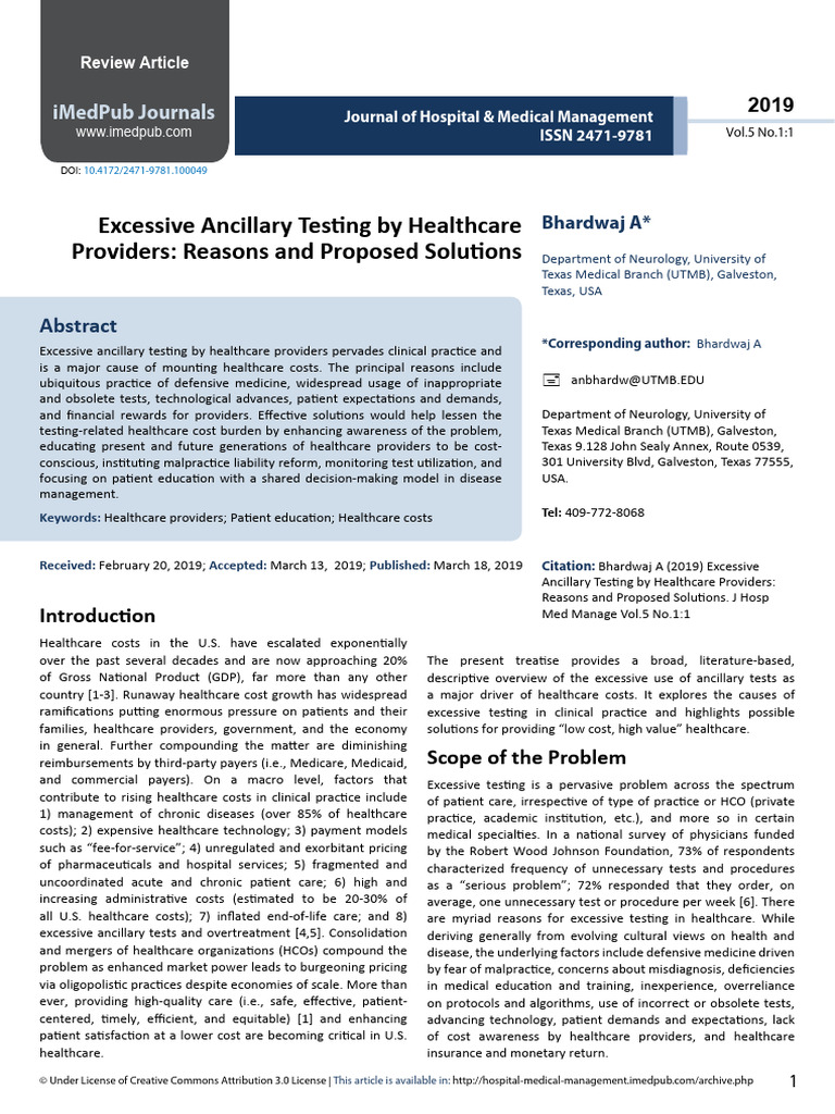 Excessive Ancillary Testing by Healthcareproviders Reasons and Proposed ...