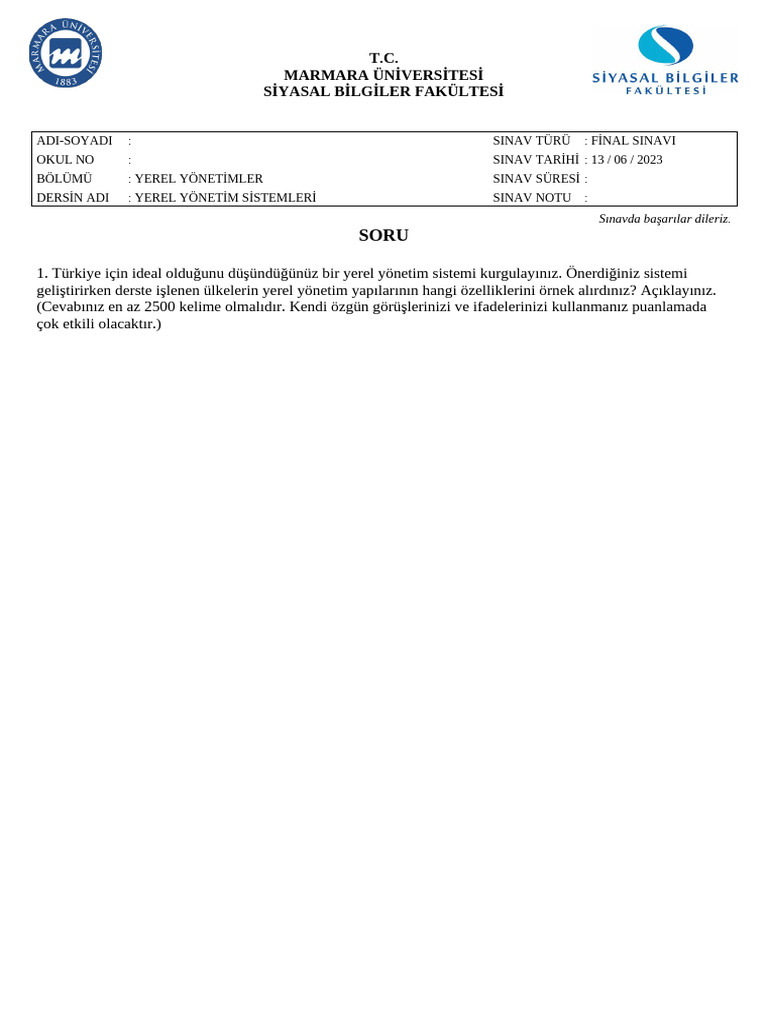 Fi̇nal Sinavi-Yerel Yöneti̇m Si̇stemleri̇ Dersi̇ | PDF