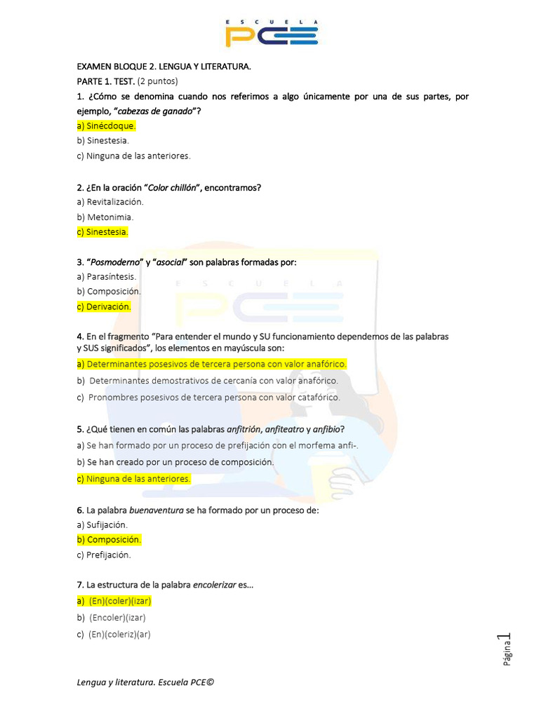 Examen de Lengua y Literatura PCE | PDF | Verbo | Palabra