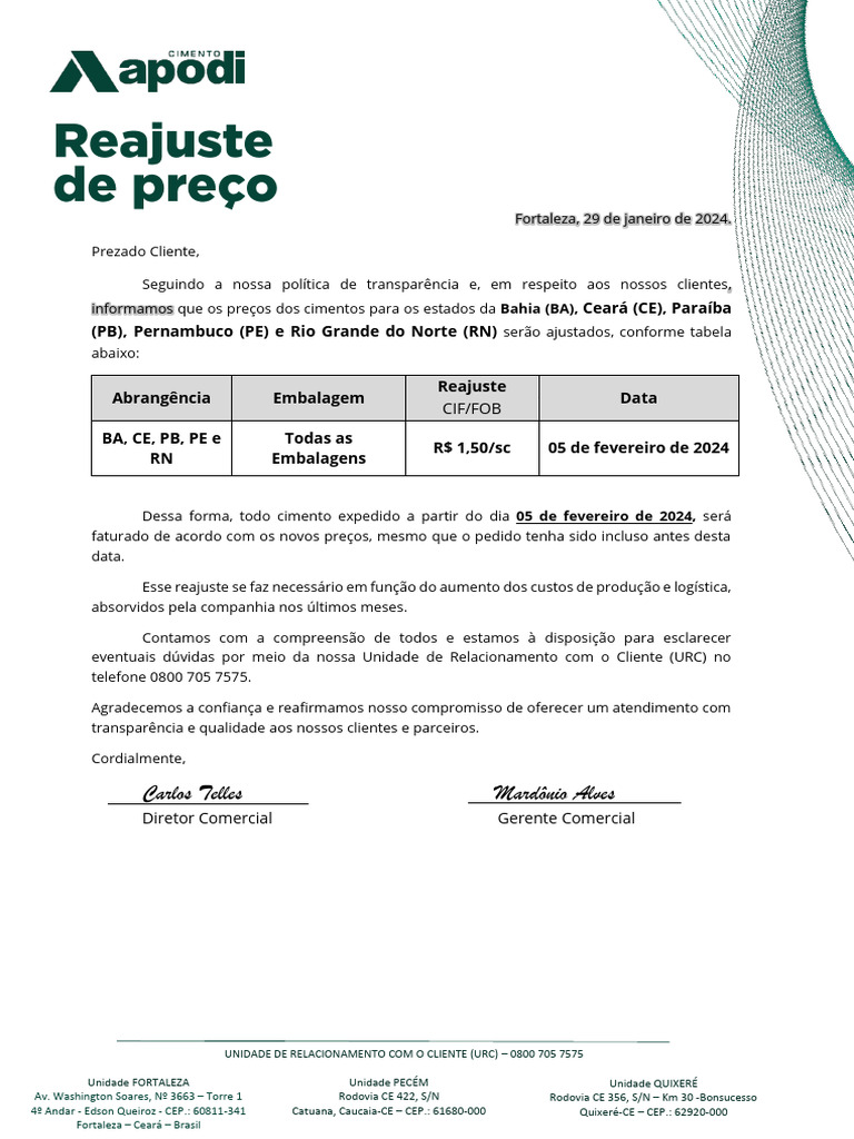 Comunicado de Reajuste - Ensacado - BA, CE, PB, PE e RN | PDF