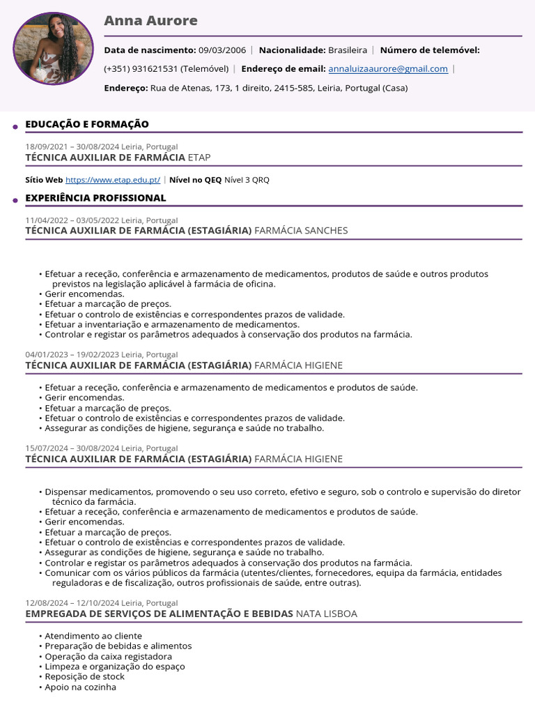 CV Anna Aurore | PDF | Farmácia | Portugal