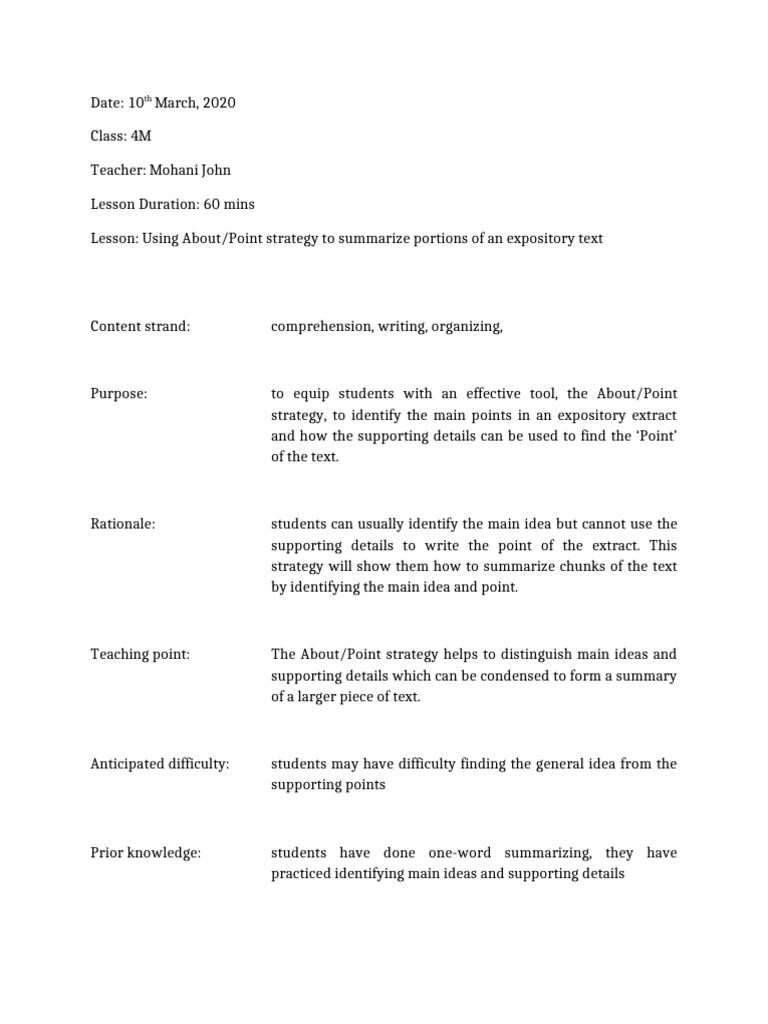 Lesson Plan About-Point Summarizing | PDF | Reading Comprehension | Sea ...