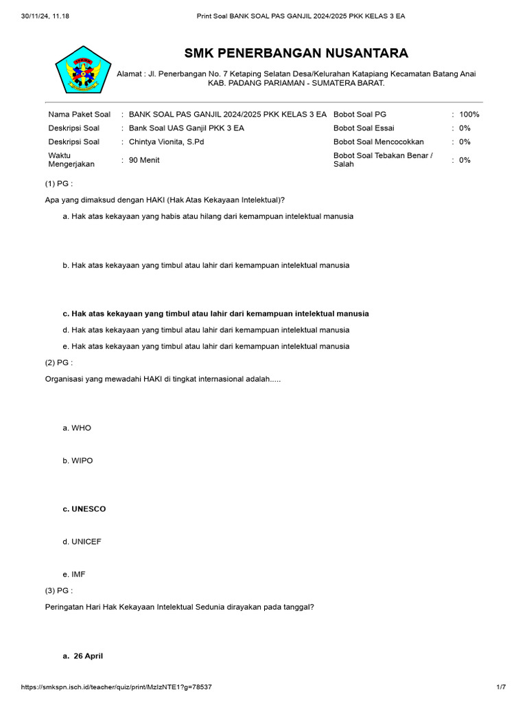 Print Soal BANK SOAL PAS GANJIL 2024 - 2025 PKK KELAS 3 EA | PDF