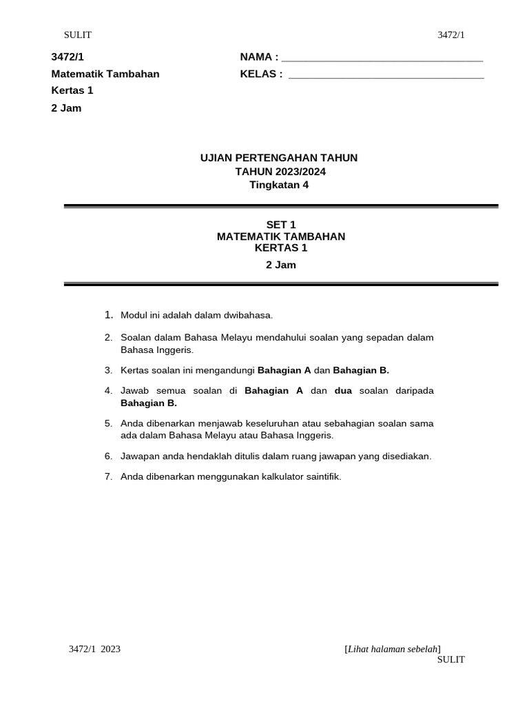 Tp1552 - 2 Set Modul Pentaksiran Pertengahan Tahun Matematik Tambahan Tingkatan 4 202320245 | PDF