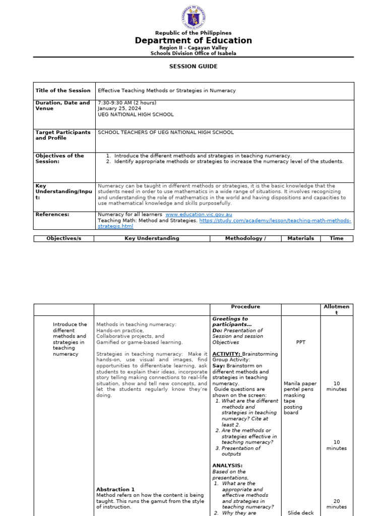 Session Guide - Effective Methods or Strategies in Teaching Numeracy ...
