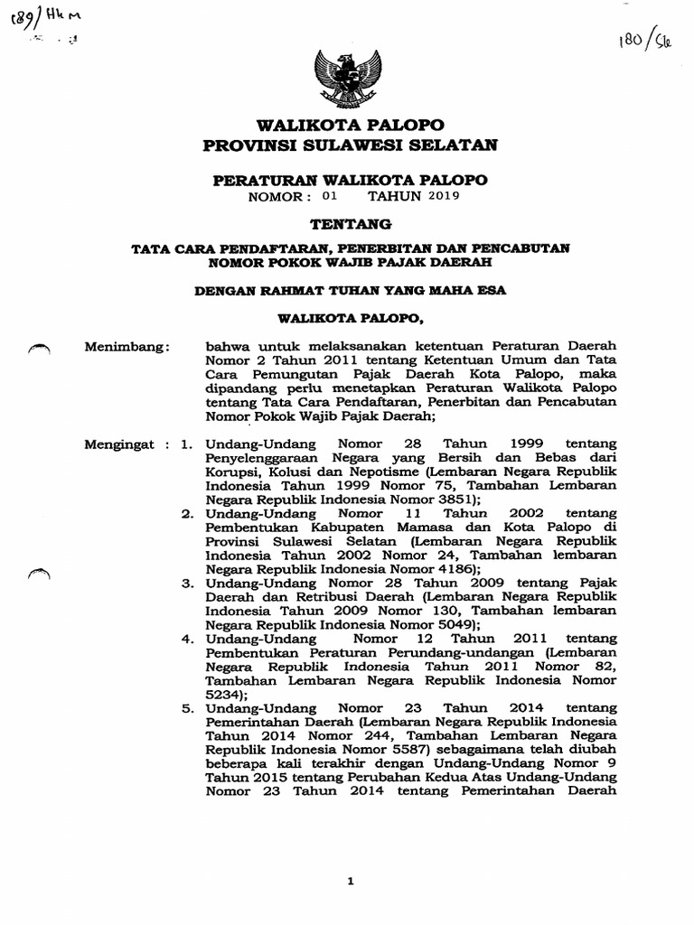 Perwal No. 1 Tahun 2019 TTG NPWPD | PDF