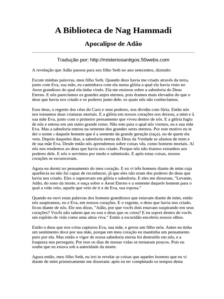 Apocalipse de Adão - Biblioteca de Nag Hammadi | PDF | Adão e Eva | Anjo
