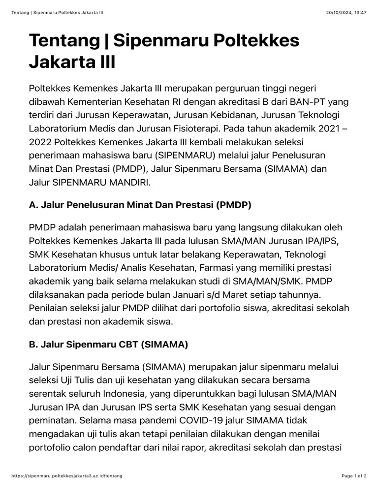 Pendaftaran Sipenmaru Poltekkes Jakarta III | PDF