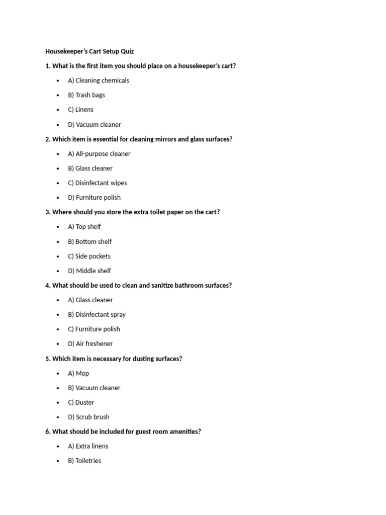 Housekeepers Trolley Quiz | PDF