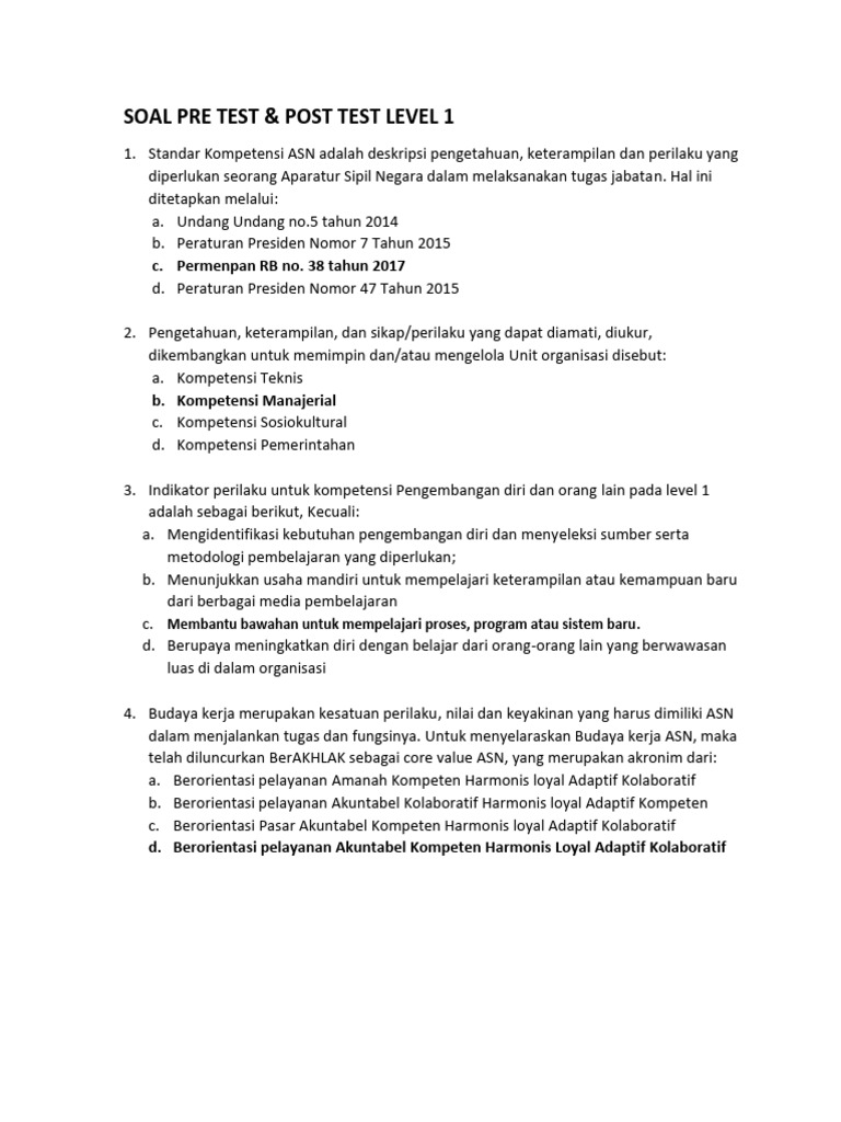 Soal Pre Test & Post Test ASN Level 1 | PDF