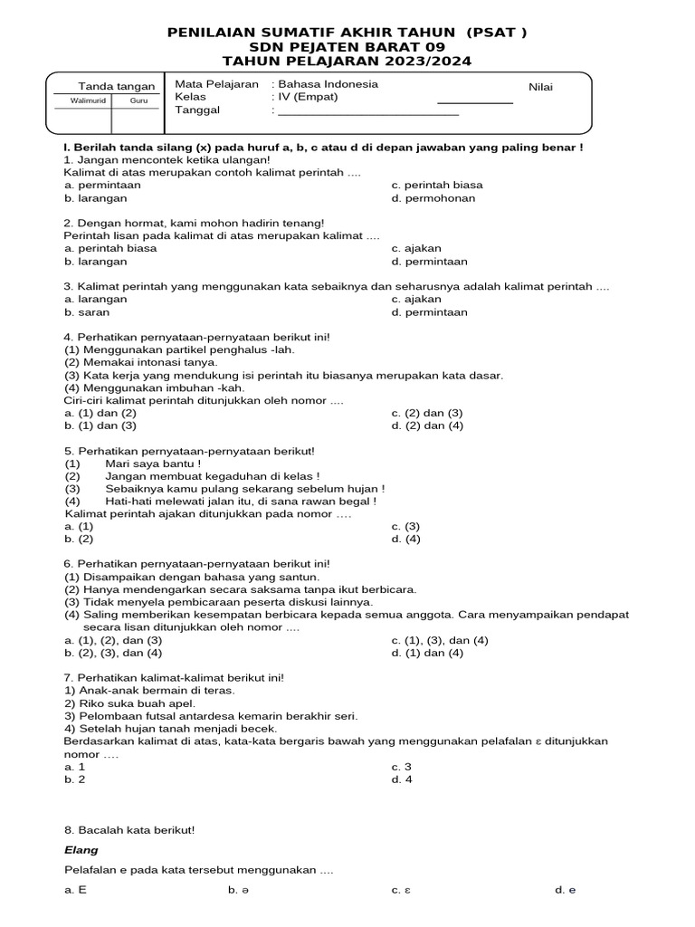 Soal PSAT Bahasa Indonesia Kelas 4 Semester 2 | PDF