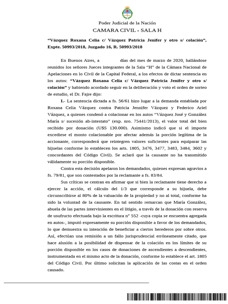2020_06_22-Fallo-CNCiv-Sala-H-S-Colacion | PDF | Herencia | Donación