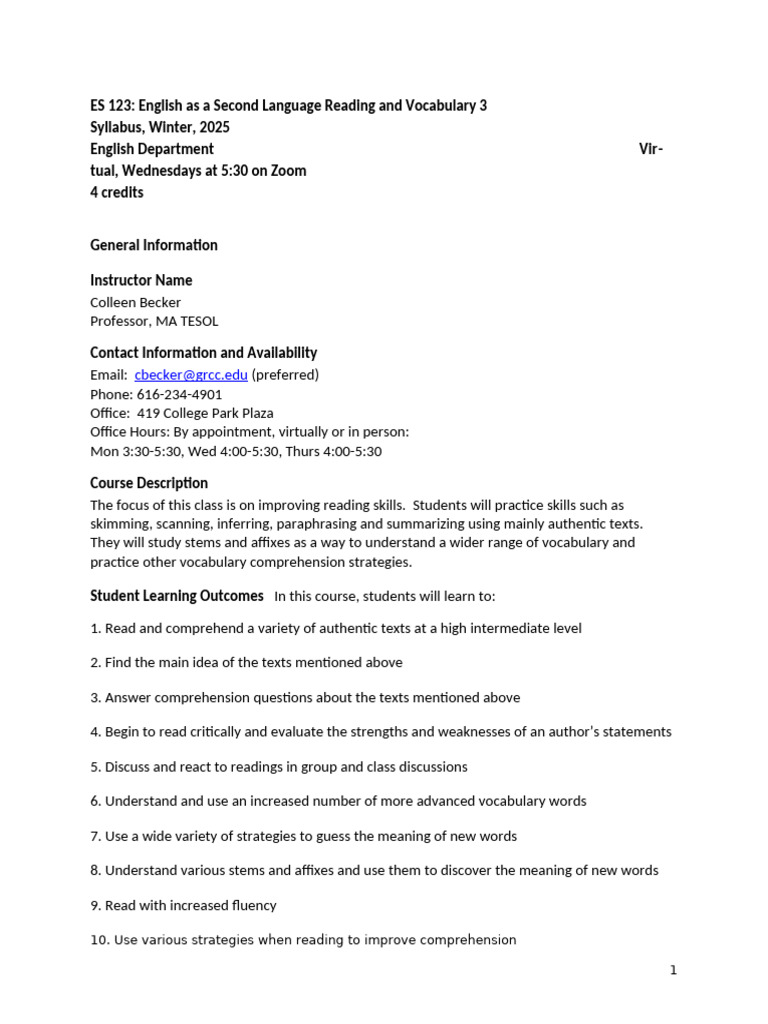 Becker ES 123 Syllabus Winter 2025 Virtual | PDF | Reading Comprehension | Title Ix