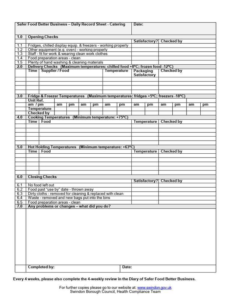 Safer Food Better Business Daily Record Sheet | PDF | Refrigerator ...