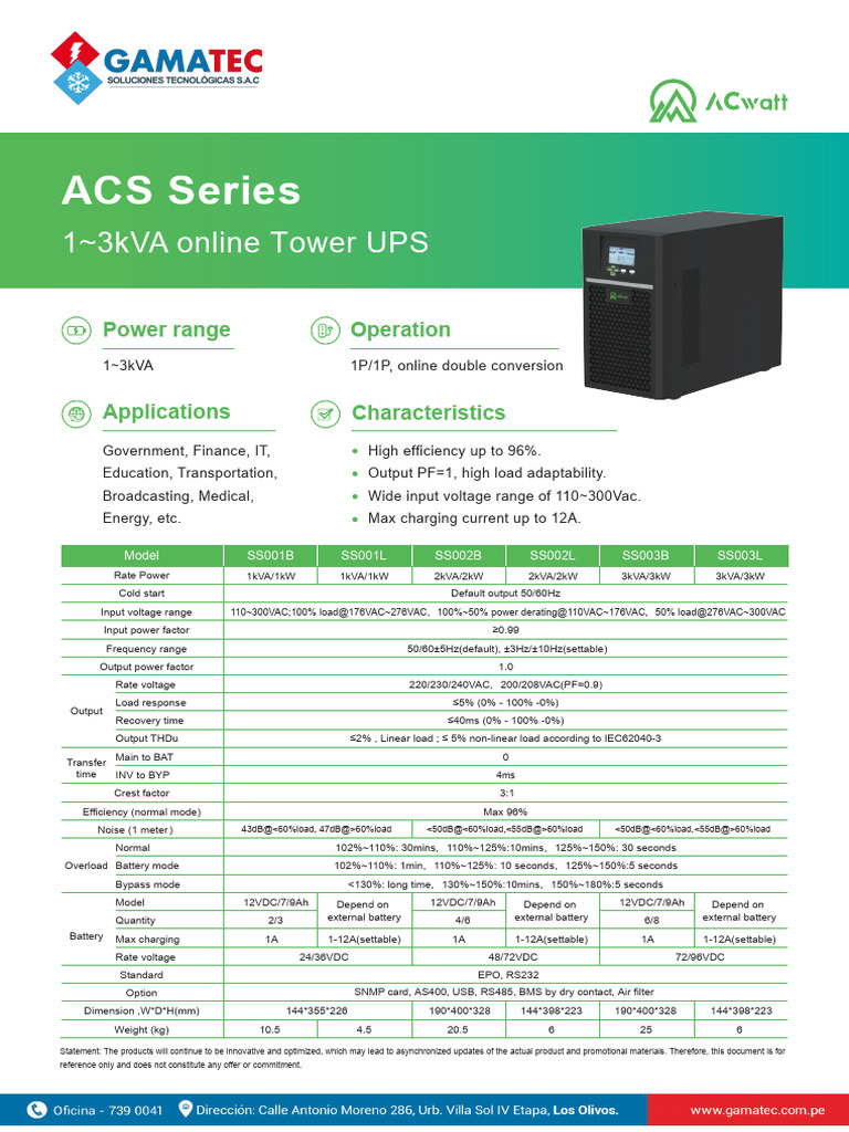 ACS Series 1 3kVA Online Tower UPS Catalog V3.2 | PDF | Alternating Current | Physical Quantities