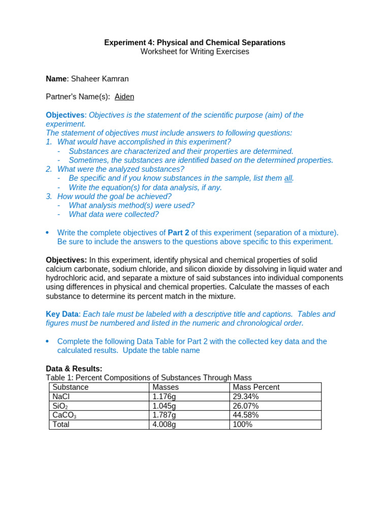 Expt.4 Separation Worksheet | PDF | Chemical Substances | Mixture