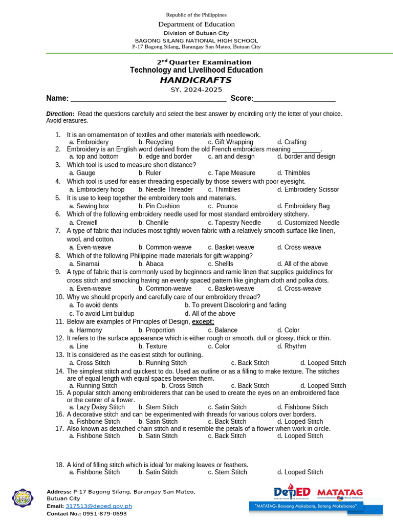 Tle Handicraft Quarter 2 | PDF | Embroidery | Textiles