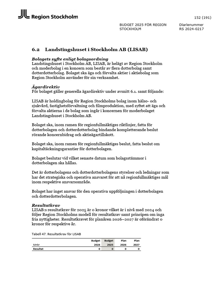 Agardirektiv For Region Stockholms Bolag 2025 Del Av Budget | PDF