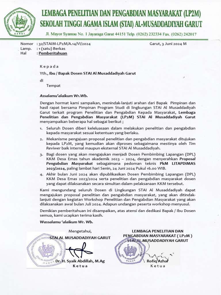 Surat Pemberitahuan DPL & LITAPDIMAS STAI Al Musaddadiyah 2324 BNCXNXCBN | PDF