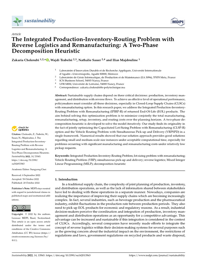 Sustainability 14 13563 v2 | PDF | Logistics | Mathematical Optimization