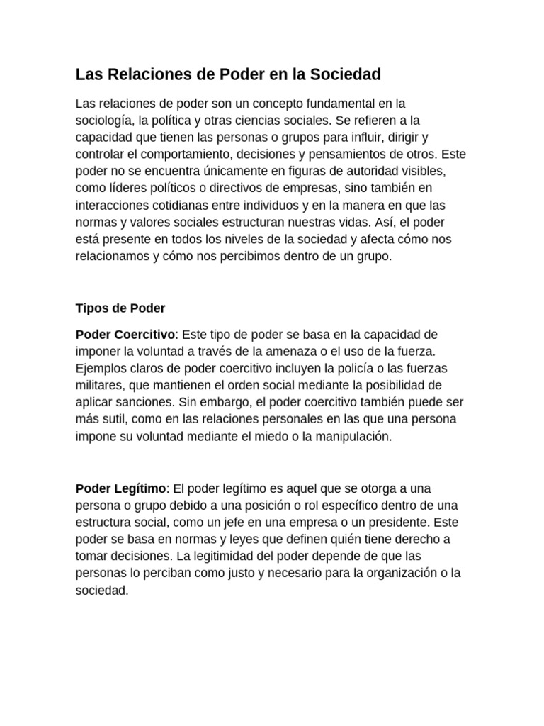 Las Relaciones de Poder en La Sociedad | PDF | Poder (social y político ...