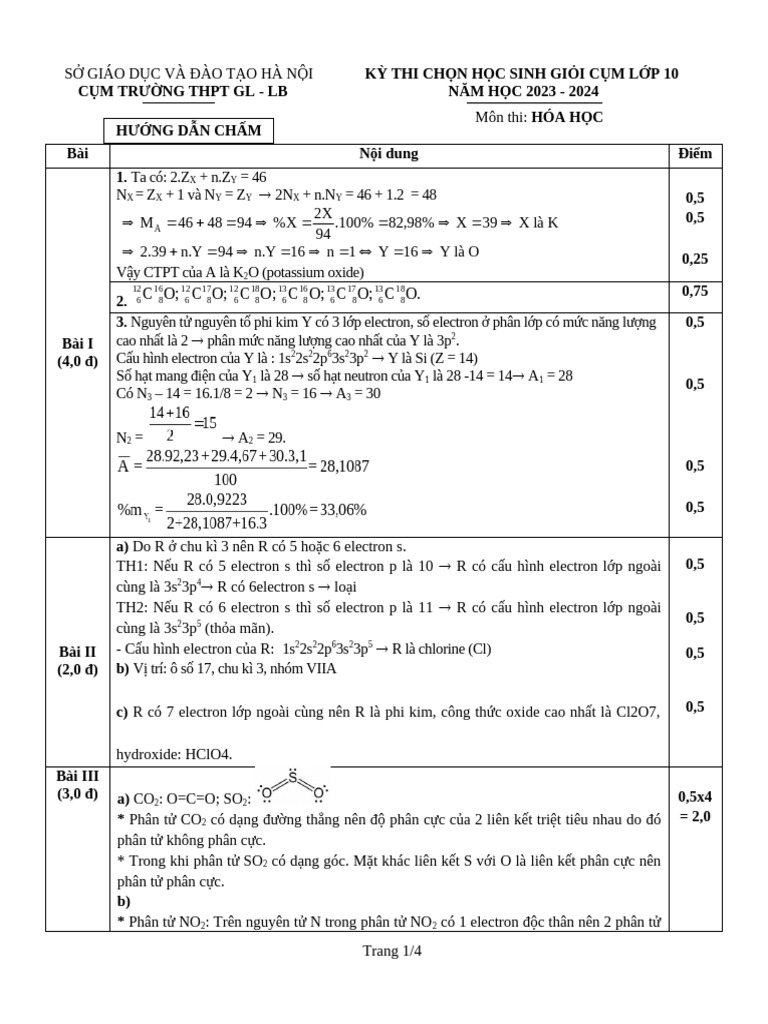 HSG HÓA HỌC 10 -HDC- CỤM TRƯỜNG THPT GL-LB-2024 | PDF