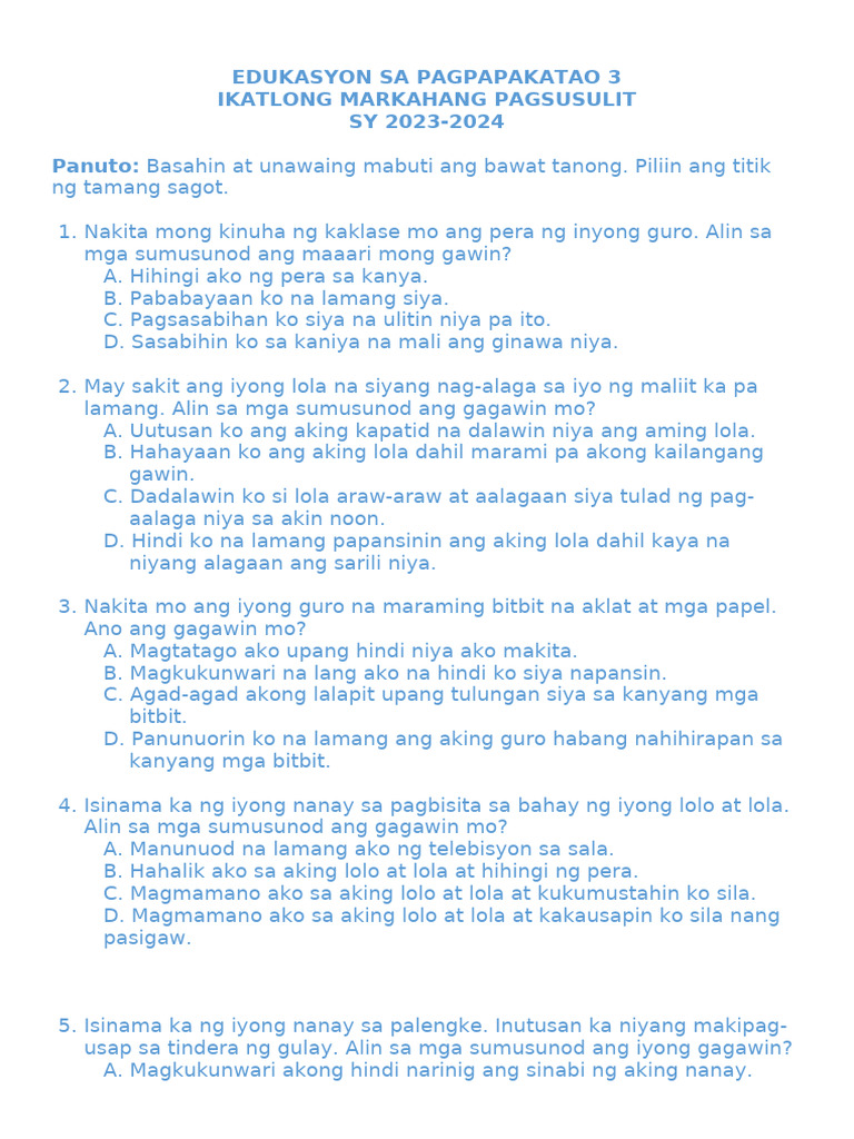 ESP - Q3 - PT - Grade 3 | PDF