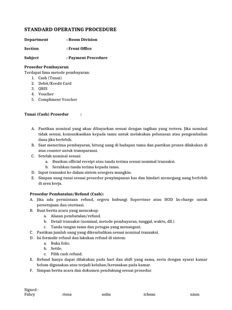 FRONTOFFICE SOP Payment Procedure | PDF