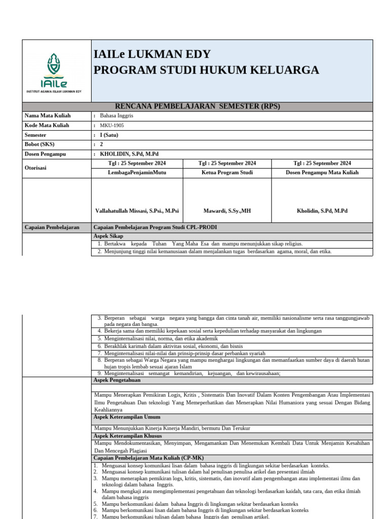 Rencana Pembelajaran Bahasa Inggris MKU-1905 | PDF