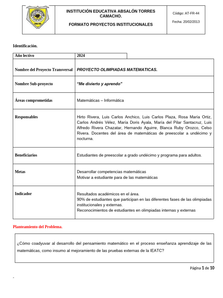 PROYECTO OLIMPIADAS MATEMÁTICAS 2024 19 Enero | PDF | Pensamiento | Geometría