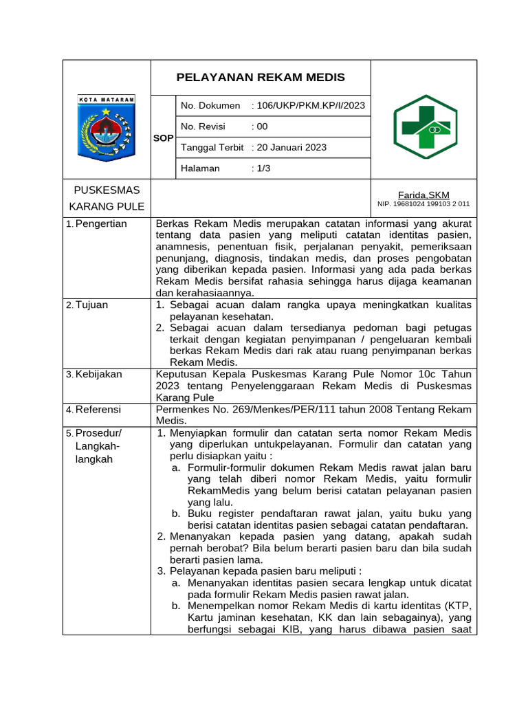 Sop Pelayanan Rekam Medis | PDF