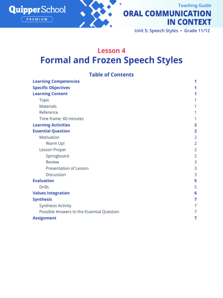 PDF (TG) - Oral Communication - Unit 5 - Lesson 4 - Formal and Frozen ...