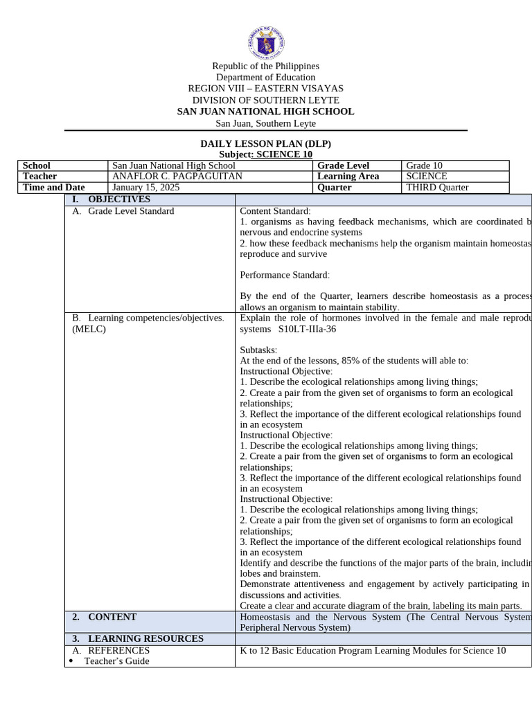 Sample Lesson Plan Draft | PDF | Central Nervous System | Nervous System