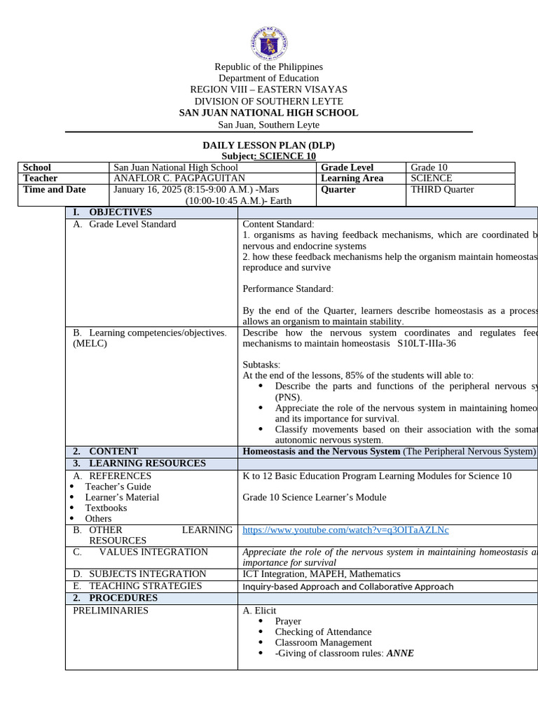 Science 10 Lesson Plan Week 4 Part 3 The PNS | PDF | Autonomic Nervous ...