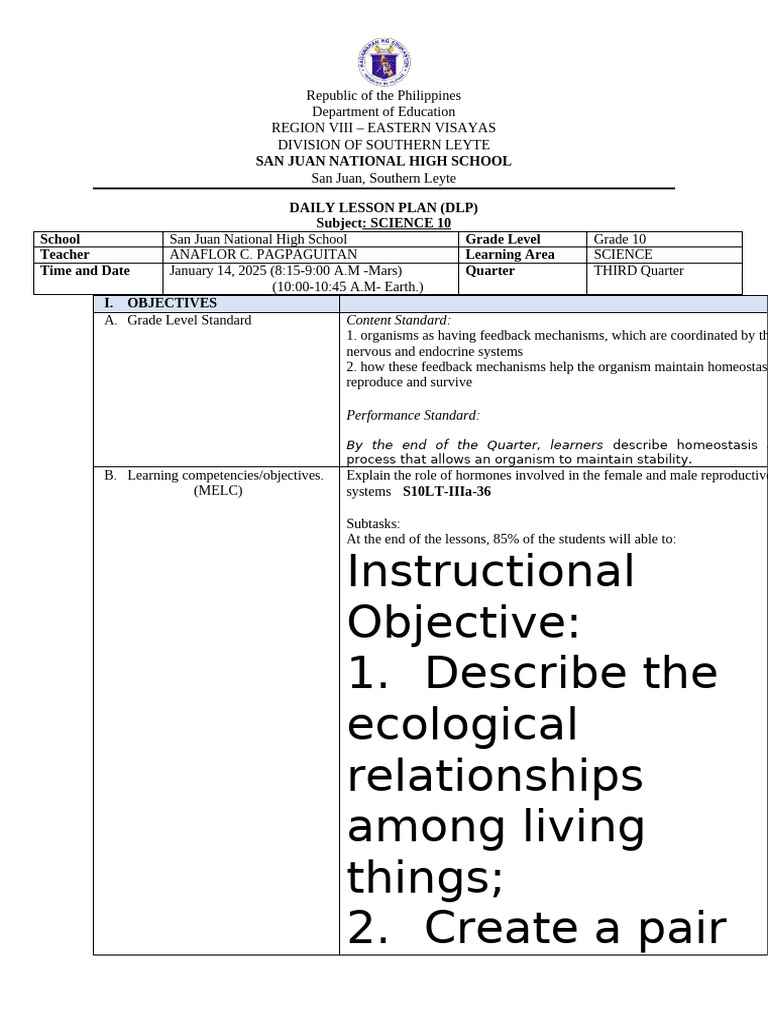 Science 10 Lesson Plan Week 4 Part 1 The Homeostasis and Ns | PDF ...