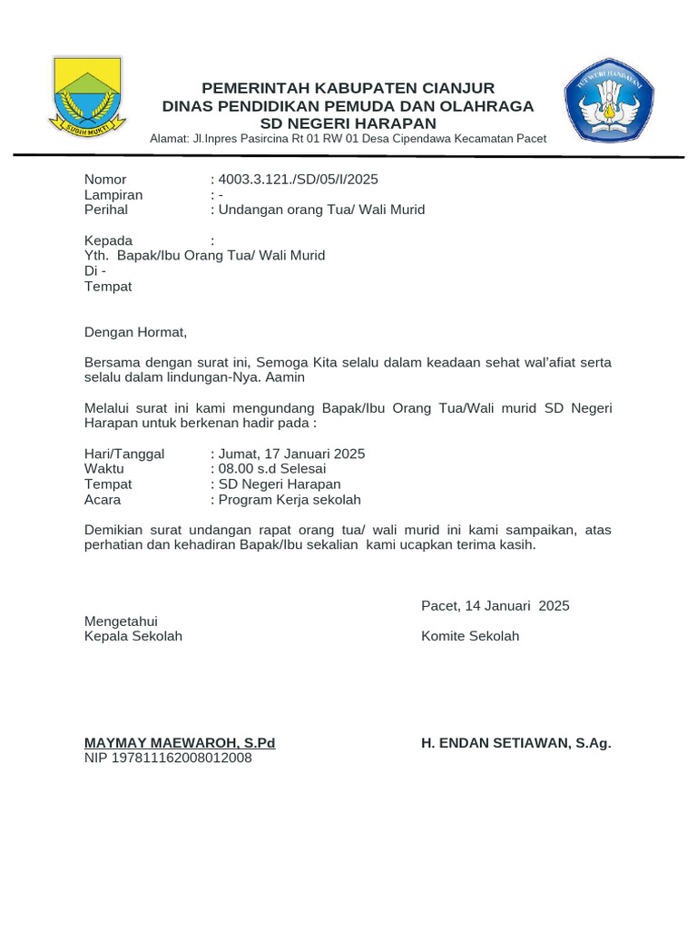 Contoh File Surat Undangan Rapat Untuk Orang Tua Siswa | PDF