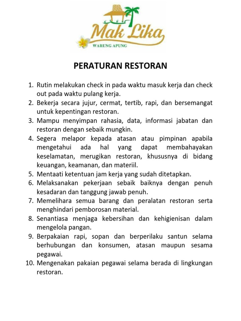 Peraturan Kerja Karyawan Restoran | PDF