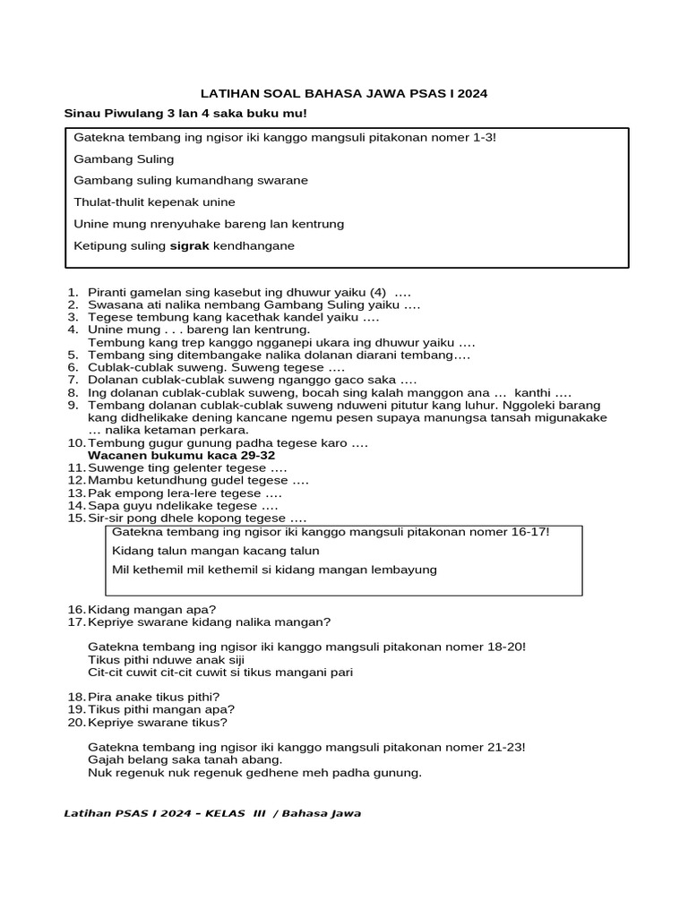 Latihan Soal Bahasa Jawa Psas I 2024 | PDF