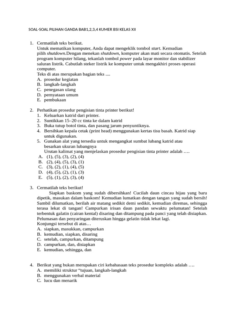 Soal-Soal Pilgan Bsi Tema 1,2,3,4 Klas Xii | PDF