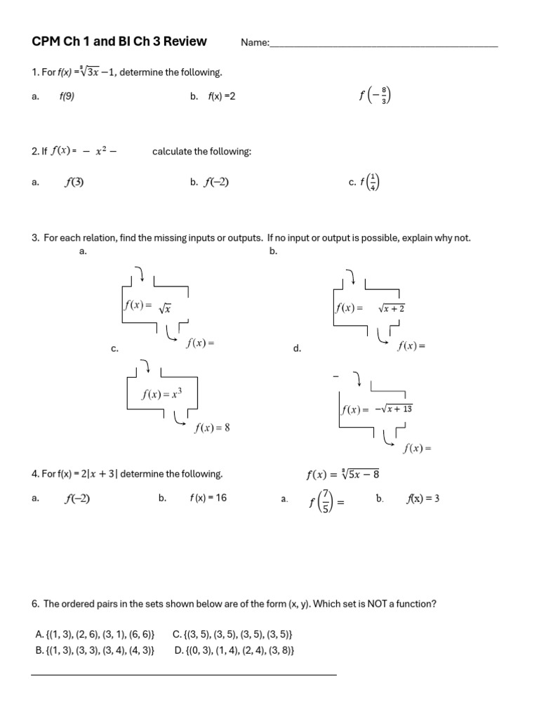 CPM CH 1 and BI CH 3 Review | PDF | Function (Mathematics) | Applied ...