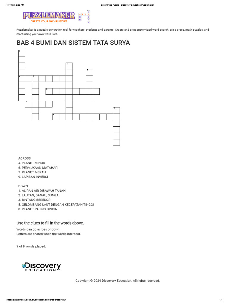 Criss Cross Puzzle - Discovery Education Puzzlemaker BAB 4 | PDF