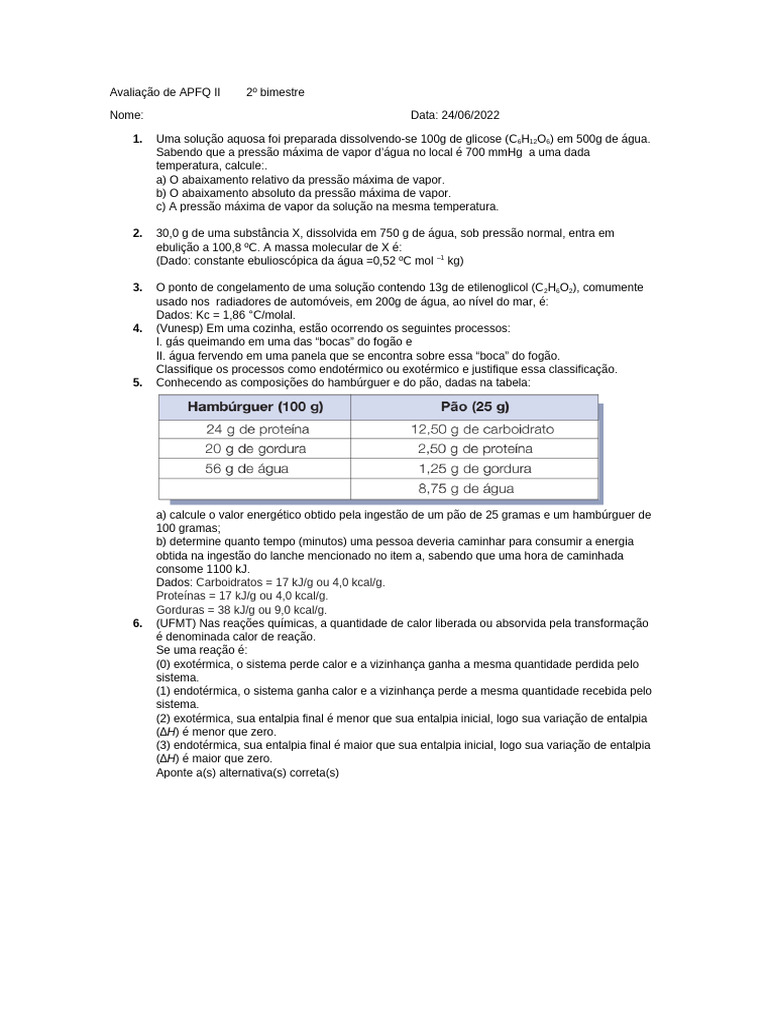 Avaliação APFQ II 2º Bimestre | PDF | Entalpia | Calor