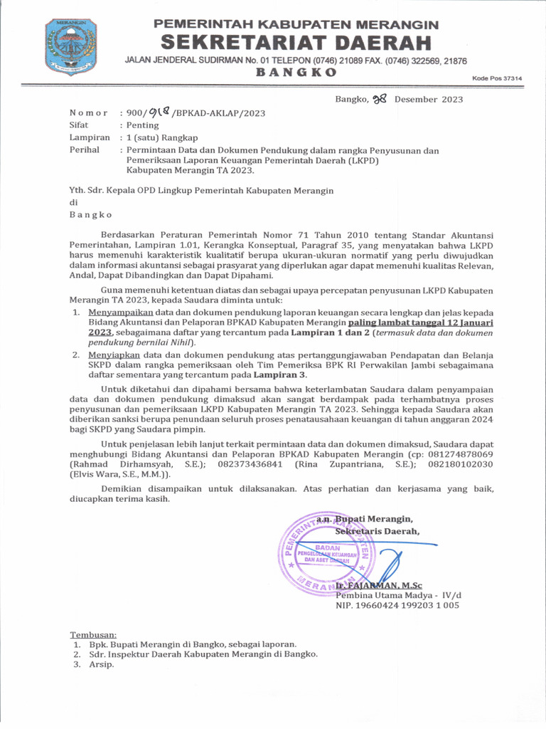 Surat Sekda Pemintaan Data LKPD 2023 | PDF